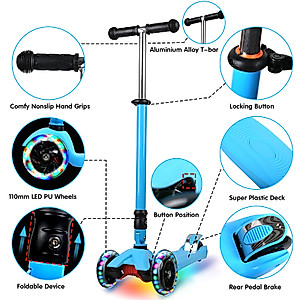 IMMEK Kick Scooter for Kids 3 Wheels Folding Ages 3-12 Years Old Toddler with Three LED Light Wheel, Adjustable Height, Rear Brake, Outdoor Activities for Boys/Girls Maximum Weight 110 lb (Blue)