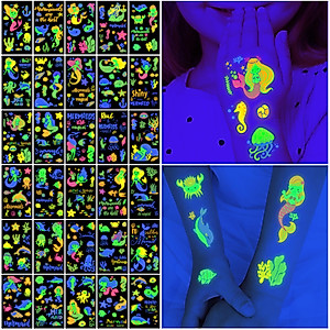Mermaid Glow in the Dark Tattoos for Kids, 300+ Designs UV Neon Fake Temporary Tattoo, Ocean Creatures & Animal, Latest 6 Luminous Colors Stickers Party Supplies