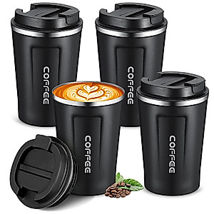 Sieral 4 Pieces 13 oz Insulated Coffee Travel Mug with Leakproof Lid Stainless Steel Coffee Cup Portable Tumbler Reusable Coffee Mugs for Coffee Milk Hot Cold Tea Beer (Black)