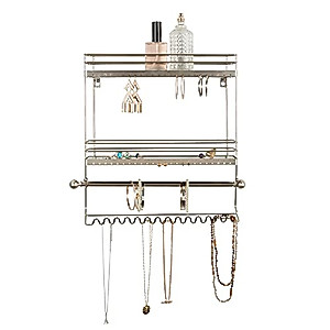Home Details Wall Mounted Jewelry Organizer | Dimensions: 14.6"x 3.9"x 15.6" | 2 Tier Mirror | Home Organization | Great for Bracelets | Necklaces | Earrings | Mirror Based Shelf | Satin Finish
