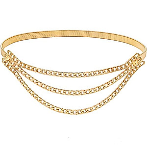 Suyi Skinny Stretch Belt Multilayer Metal Waist Belts Elastic Cinch Waistband for Women 70CM Gold