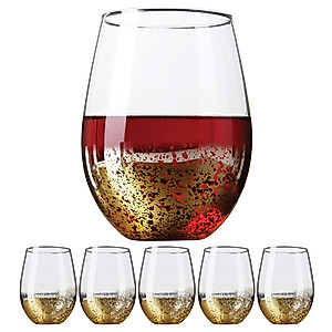 Kitchen Lux 18 oz Gold Rimmed Stemless Wine Glasses for Parties – Set of 6 Gold Wine Glass Cocktail Tumblers – Large Crystal Clear Wine Cups - Deluxe Glassware Gift for Christmas - Dishwasher Safe