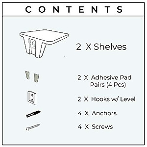 Fytz Design White Small Floating Shelf Set of 2 - Small Shelf for Wall with No Drill Shelf Option [ Adhesive Shelf ]
