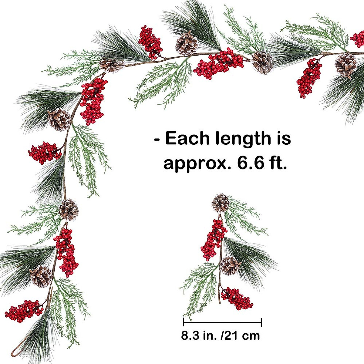 6.6 feet Artificial Christmas Pine Garland with Berries Pinecones Cypress Winter Greenery Garland for Holiday Season Mantel Fireplace Table Runner Centerpiece Decoration