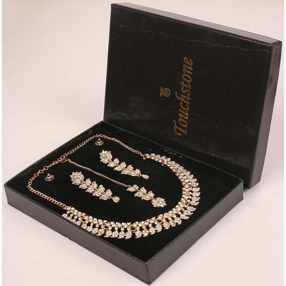 Touchstone Hollywood Glamour white crystals paisley motif grand jewelry necklace in antique tone for women (D298 Gold - 2)