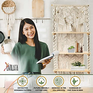 LIVALAYA 3-Tier Macrame Wall Hanging Shelf for Boho Hanging Wall Decor Shelves for Bedroom Bathroom, Nursery Bohemian Shelf for Cute Indoor Plants, Farmhouse Woven Rope Picture Holder Boho Bookshelf