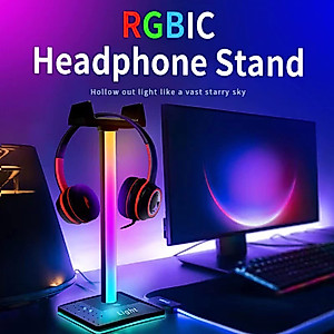 MOCIUN USB Gaming Desktop Headphone Display Stand, RGB Gaming Headphone Stand with Usb2.0 Hub and 3.5mm Port Audio T-ouch Control Led Strip Lamp (A)