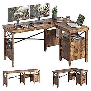 Bestier L-Shaped Home Office Computer Desk with Storage Cabinet & Bookshelf, Farmhouse Office Table for Writing Study, 60 x 42 Inch Corner Desk or 82.3 Inch 2 Person Long Desk, Rustic Brown