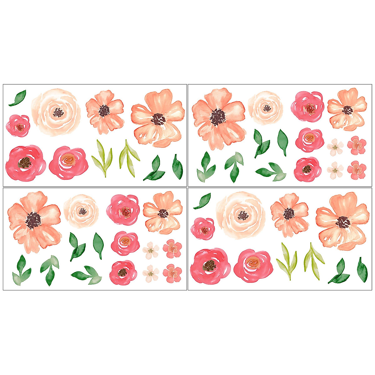 Sweet Jojo Designs Peach, Green and White Wall Decal Stickers for Peach Watercolor Floral Collection - Set of 4 Sheets - Pink Rose Flower