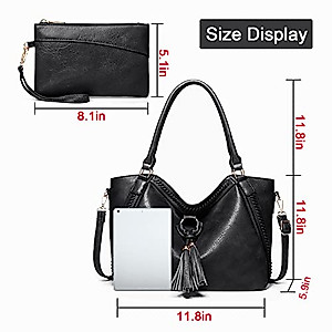 Large Purses for Women Leather Handbags Hobo Bags Shoulder Crossbody Bag with Tassel (Black)