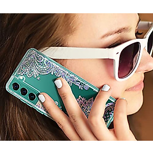 Coolwee Anti Yellowing Clear Glitter for Samsung Galaxy S22 Plus, 6.6 inch, Thin Flower Slim Cute Crystal Lace Bling Women Girls Floral Plastic Hard Back Soft TPU Bumper Protective Cover Mandala Henna