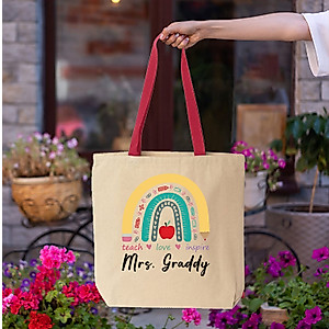 shop4ever® Custom Personalized Teacher Teach Love Inspire Rainbow Cotton Canvas Tote Reusable Shopping Bag Natural - Red 1 Pack