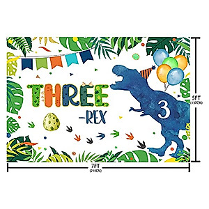 AIBIIN 7x5ft Dinosaur Three-rex Birthday Backdrop for Boy Happy 3rd Birthday Dinosaur Egg Balloon Confetti Photography Background 3 Years Old Party Decorations Supplies Banner Photo Shoot Studio Props