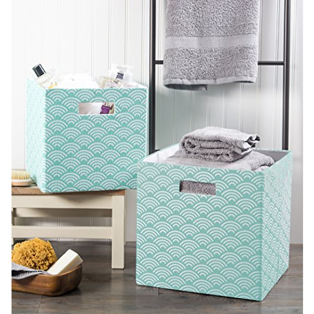 DII Collapsible Hard Sided Bin, Waves, Aqua, Large