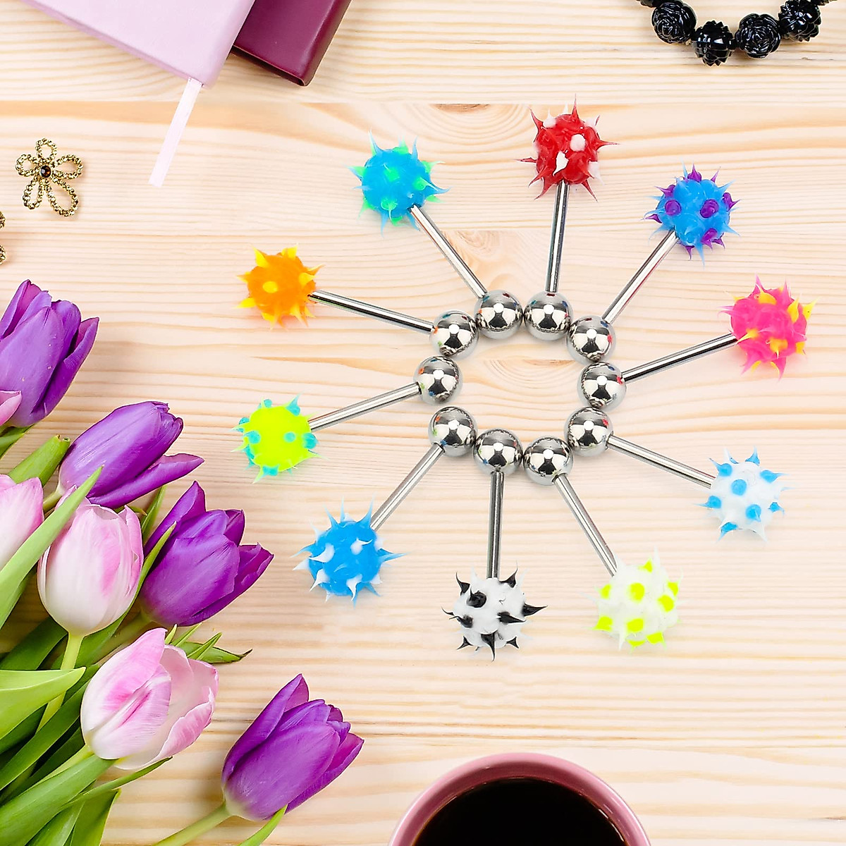 CrazyPiercing 10pcs Surgical Steel Spiky Acrylic Fire Tongue Nipple Ear Rings Bar Barbell Stud Piercing