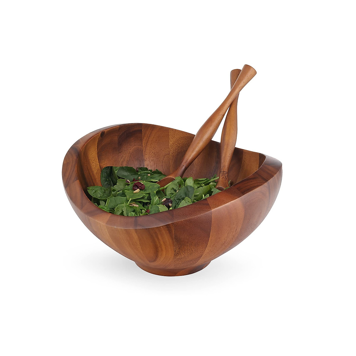 nambe Bella Salad Bowl with Servers | 3 Piece Wooden Salad Bowl Set with Serving Utensils | Acacia Wood Salad Tosser and Fruit Bowl | Housewarming Gift with Gift Box