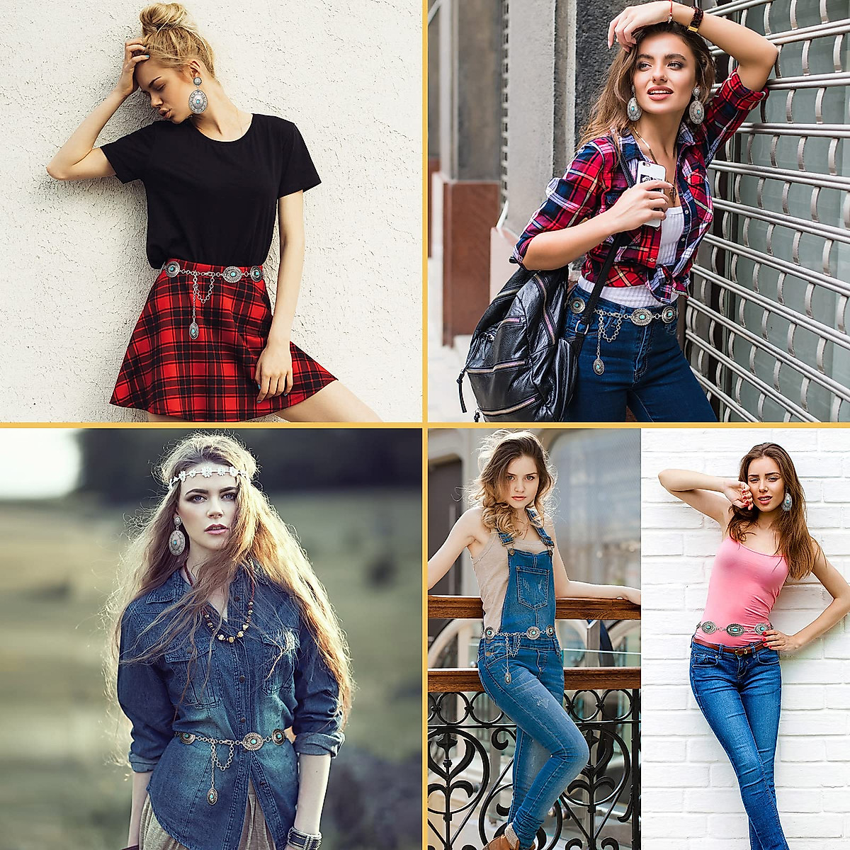 Kenning Turquoise Concho Chain Belt Metal Western Waist Belts for Women Boho Belt 1.2 x 2 Inch Turquoise Drop Statement Post Earrings(Green Turquoise,Retro Style)