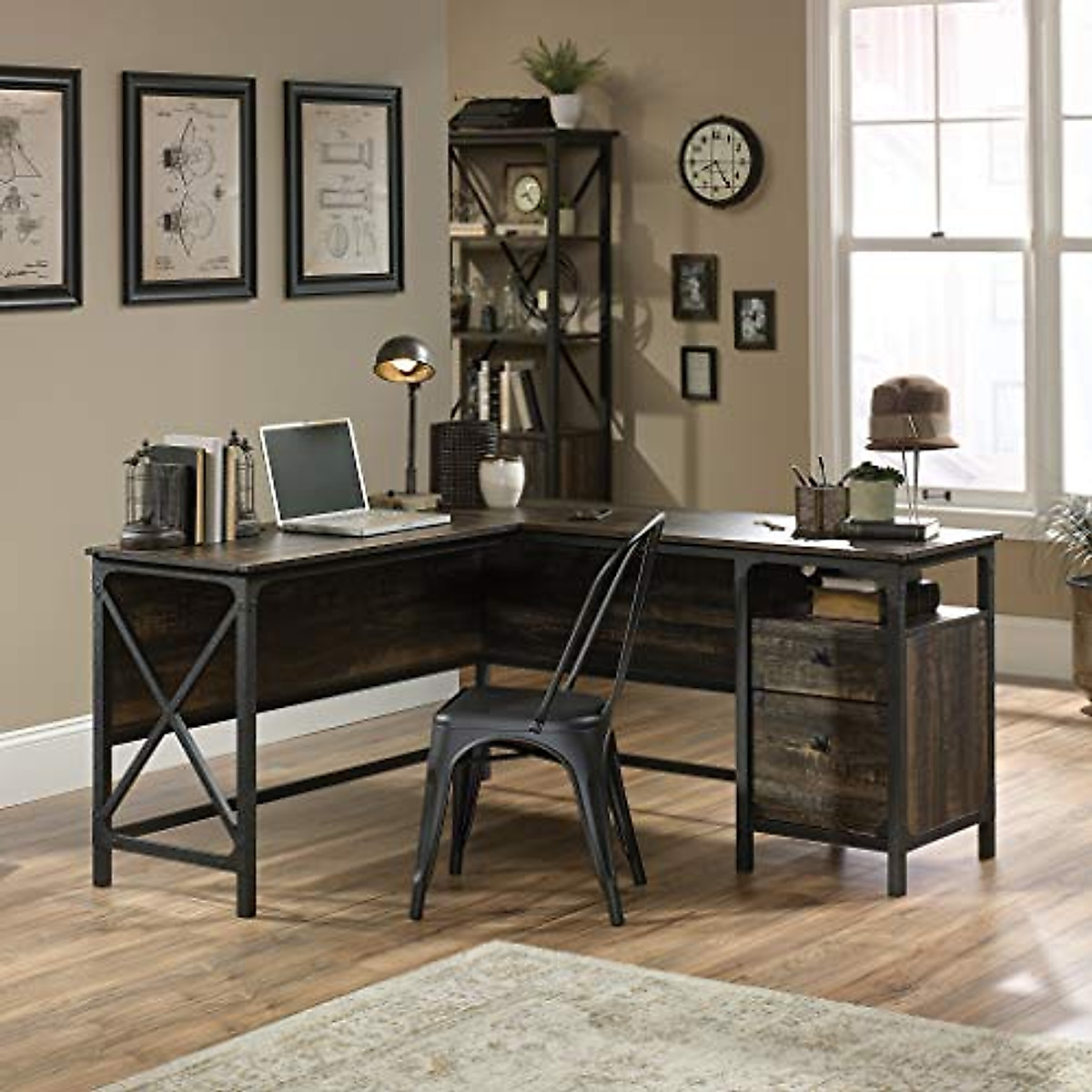 Sauder Steel River L-Shaped Desk, L: 59.84" x W: 57.32" x H: 29.53", Carbon Oak Finish