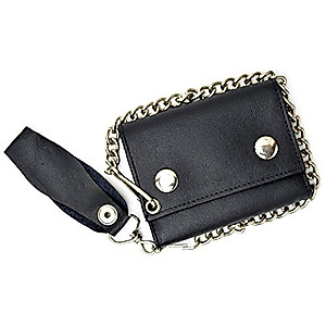 Leatherboss Genuine Leather Men Trifold Biker Chain Wallet Credit Card Holder for Motorcycle Bikers Truckers, Black