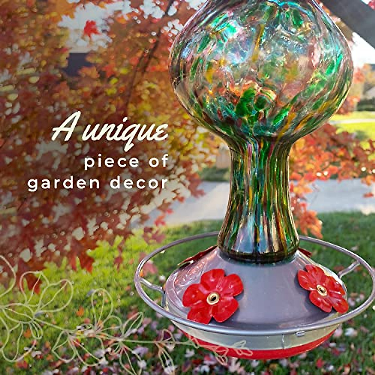 Hummingbird Feeder by Grateful Gnome - Large Hand Blown Stained Glass Feeder for Garden, Patio, Outdoors, Window with Accessories S-Hook, Ant Moat, Brush - 26 fl oz, Purple Speckled Mushroom