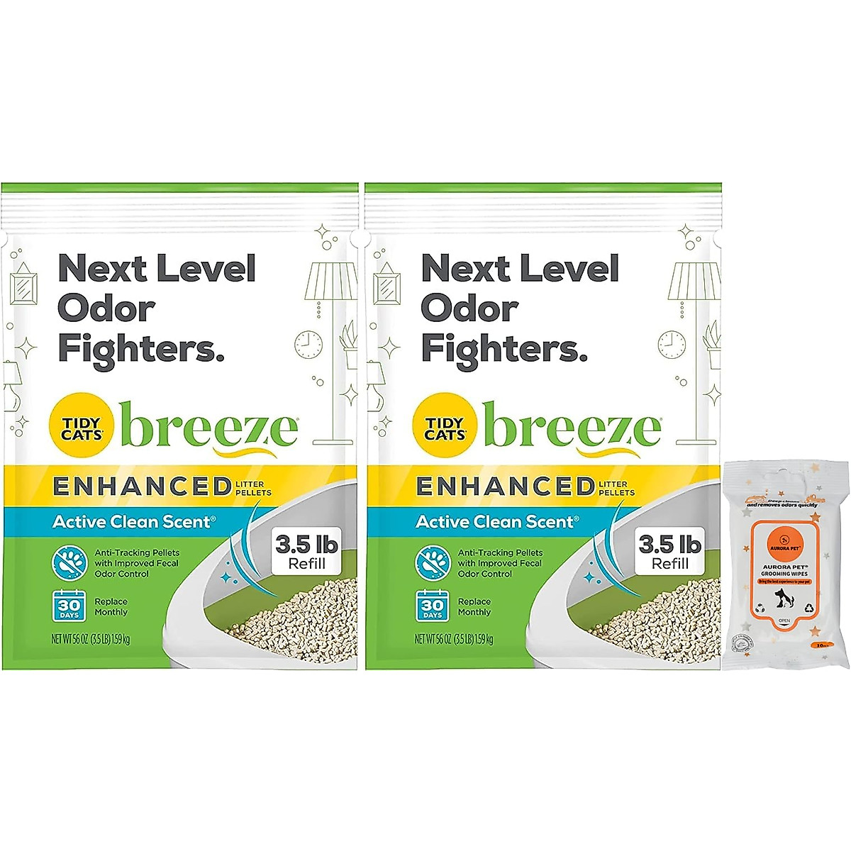Aurora Pet Bundle (2) Tidy Cat Breeze Enhanced Active Clean Scent Cat Litter Pellets, Refill 3.5 lb with Aurora Pet Wet Wipes