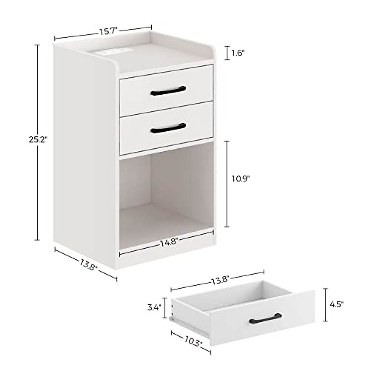 Seventable Nightstand with Charging Station and LED Lights, Modern Design End Side Table with 2 Drawers, Nightstand Open Compartment for Bedroom, White