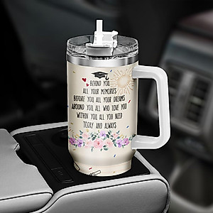 99OWL Graduation Gifts, Tumbler 40 Oz With Handle Lid And Straw, Congrats Graduation Memorial, Gold Royal Of Senior Handle Floral Heart Class Light Teal Flower Tumblers Rose Navy