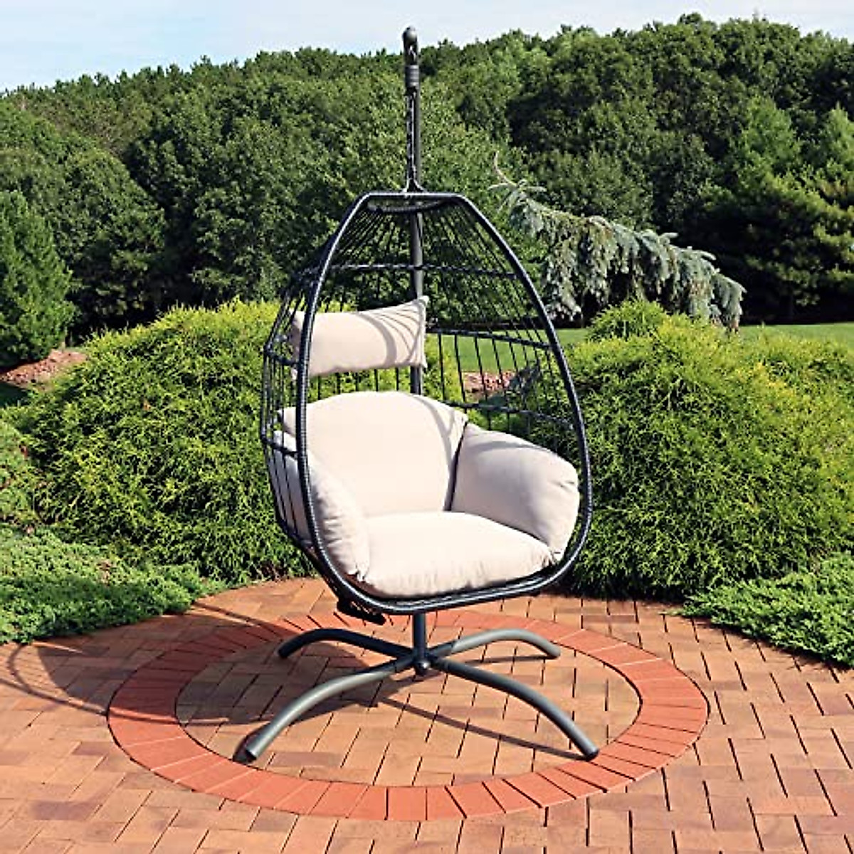 Sunnydaze Oliver Black Resin Wicker Hanging Egg Chair Swing with Gray Cushions and Steel Stand Set - Outdoor Boho Single Lounge Seat for Yard or Patio - Collapsible Nylon Rope Back Design