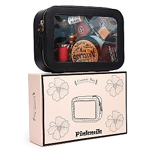 Pinkmik Clear Makeup Bag Transparent Travel Case for Cosmetics and Toiletries Women's Clear Car Bag with Zipper (Black, Small)