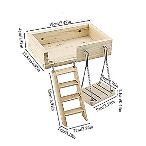 Hamster Platform with Ladder,Wooden House Hut Hideout Swing Rat Playground Activity Set with Climbing Ladders Play Toys for Mouse,Gerbil, Small Animals