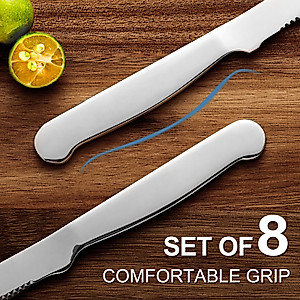 Steak Knives Set of 8, Eisinly Sharp Serrated Knife Set with Sturdy Full Stainless Steel Handle for Kitchen Restaurant Party, 9.5 Inches, Silver
