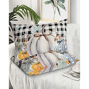 Thanksgiving Pillow Covers Standard Size Set of 2 Bed Pillow, Farmhouse Black Plaid Fall Pumpkin Maple Leaves Plush Soft Comfort for Hair/ Skin Cooling Pillowcases with Envelop Closure 20''x26''