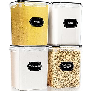 HKJ Chef 4 Pack Large Airtight Food Storage Containers with Lids (5.2L / 176oz), BPA Free Plastic Kitchen and Pantry Organization Contianers for Cereal Flour and Sugar Storage - Labels & Marker