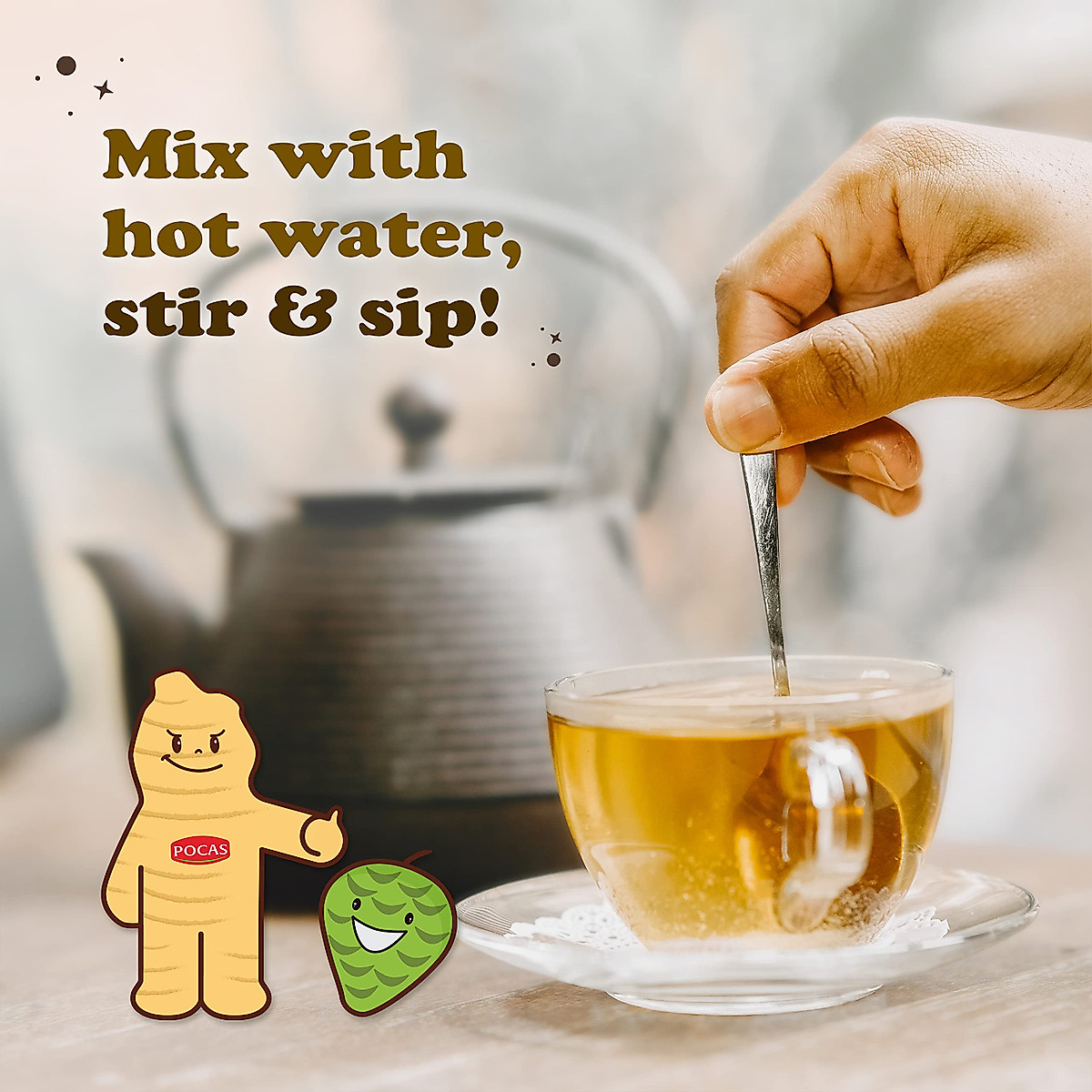 Pocas Honey Ginger Tea - Instant Tea Powder Packets with Soursop & Ginger Honey Crystals Tea, Non-GMO/Gluten Free/Caffeine Free Tea, 20 Count