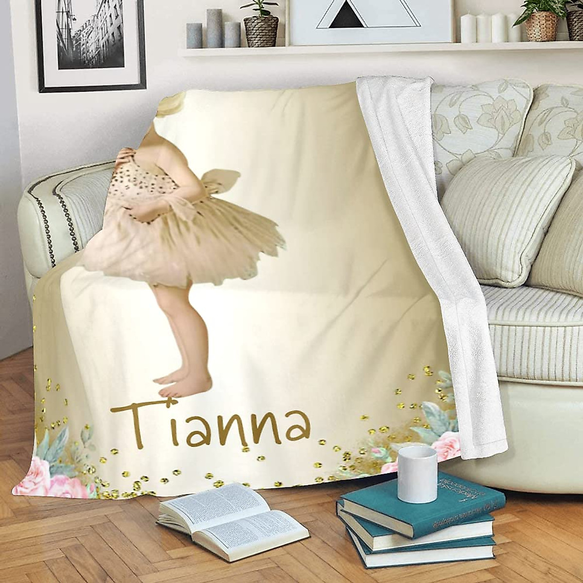 XOZOTY Personalized Golden Hat Girl Pink Flowers Golden Baby Blanket with Name Custom Baby Nursery Throw Fleece Blankets for Boys and Girls Birthday Tapestry 30 X 40inch