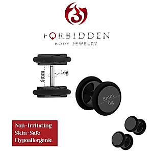 Forbidden Body Jewelry 16g Cheater Plugs: 0g 8 mm Surgical Steel Black IP Plated Fake Plug Earrings