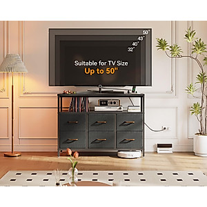 AODK Dresser with Charging Station, 40-Inch Long Dresser for Bedroom with 6 Large Fabric Drawers, Dresser TV Stand with Open Shelves for 50 Inch TV, Black