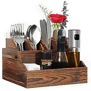 Innovation Silverware Caddy, Flatware Caddy, 7-Compartment Wooden Utensil Caddy Silverware with Handles for Spoons, Knives, Forks, Napkins, Vintage Brown