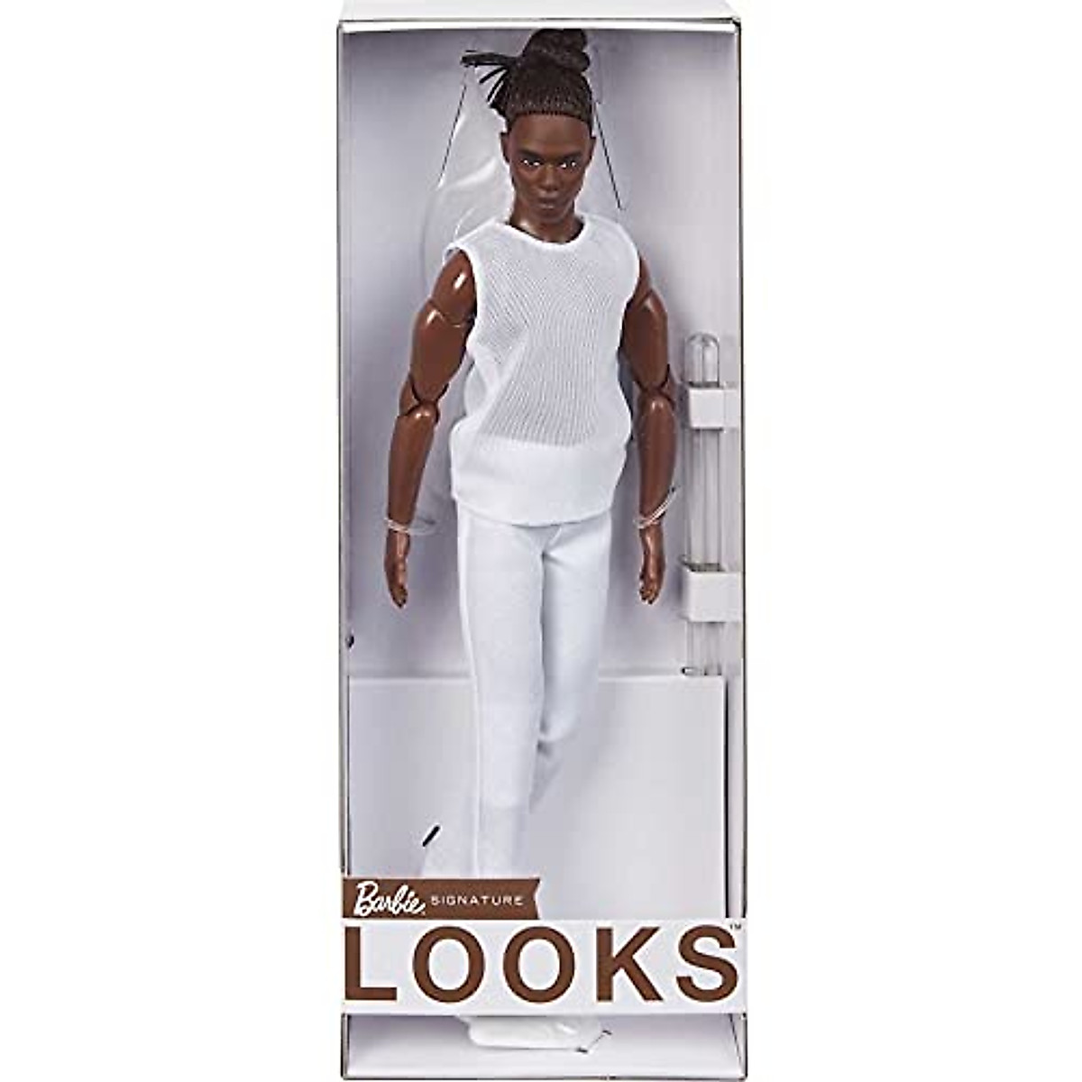 Barbie Signature Looks Ken Doll (Brunette with Braids & Bun Hairstyle) Fully Posable Fashion Doll Wearing White Shirt & Pants, Gift for Collectors