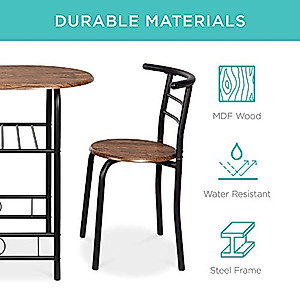 Best Choice Products 3-Piece Wooden Round Table & Chair Set for Kitchen, Dining Room, Compact Space w/Steel Frame, Built-in Wine Rack - Black/Brown