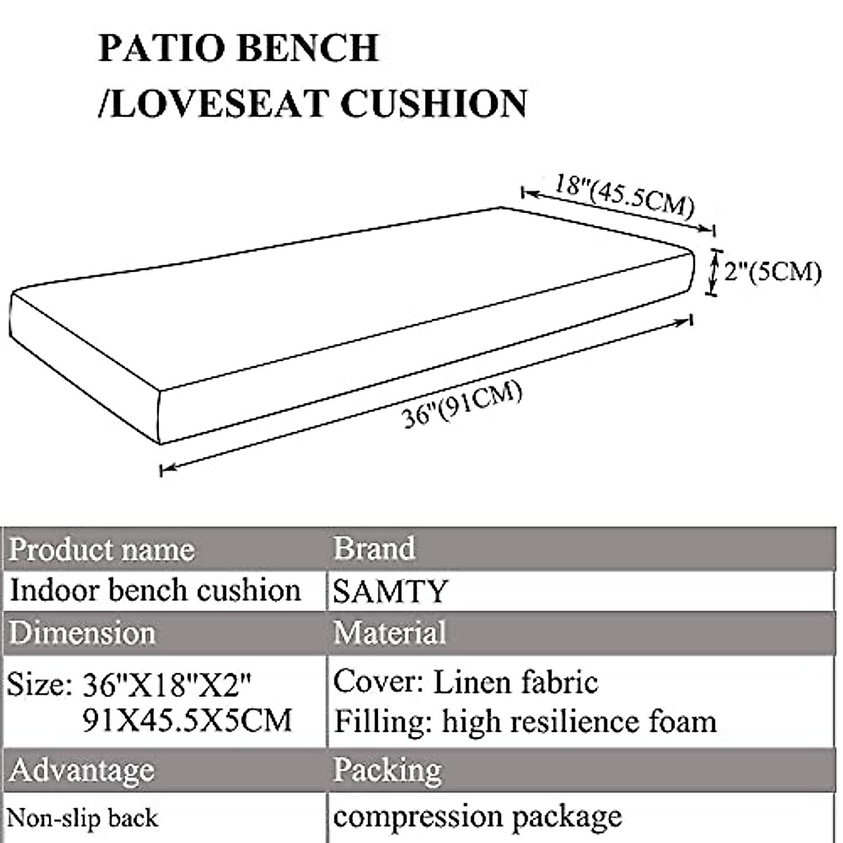 Memory Foam Chair Pads Non Slip Bottom Indoor Settee Cushion Piano Bench Seat Cushions 36 x 18 inch, Grey