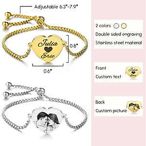 3UMeter Bracelet with Picture Inside Picture Bracelet for Women Carved Heart Shaped Pendant Double-side Customized Photo Bracelet Jewelry Gift