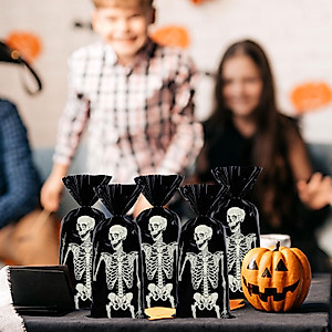 Whaline 150Pcs Halloween Cellophane Gift Bags with 200Pcs Twist Ties Funny Skeleton Party Favor Bags Candy Goodie Treat Bags for Trick or Treat Birthday Party Supplies