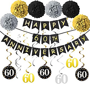 60th Anniversary Decorations Supplies Kit - Gold Glitter Happy 60th Anniversary Banner, 9Pcs Sparkling 60 Hanging Swirl, 6Pcs Poms - for 60th Wedding Anniversary Party Decorations