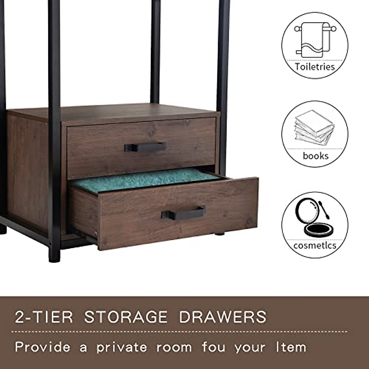 Industrial Wood Bookcase with Two Drawers, Book Storage Rack with Open Display Shelves 4-Tier Open Etagere Bookcase with Adjustable Foot Pads for Living Room, Bedroom, Office, Brown