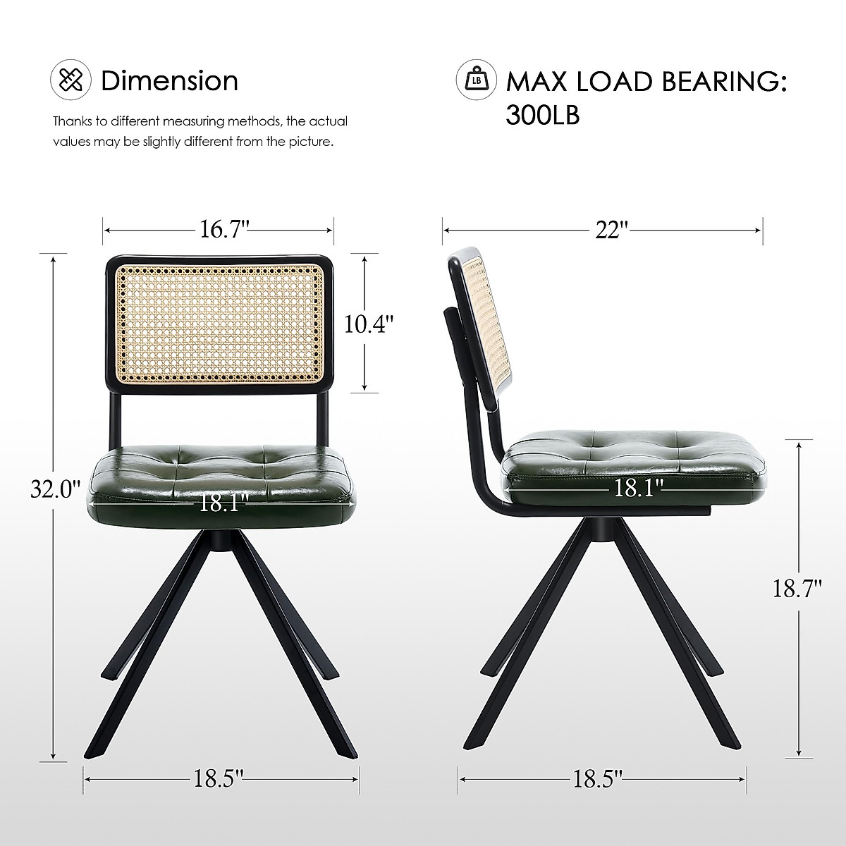 Zesthouse Rattan Desk Chair No Wheels, Mid Century Modern Home Office Chair with Cane Mesh & Wooden Back, Vintage Faux Leather Swivel Accent Chair, Upholstered Armless Computer Task Chair,Green