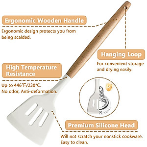 IOCBYHZ Silicone Kitchen Utensils Set of 5, Cooking Utensils Set with Heat Resistant Wooden Handle Non-Stick Silicone Spatula Spoon Turner Ladle Set, BPA FREE Kitchen Gadgets Utensil Set for Cookware