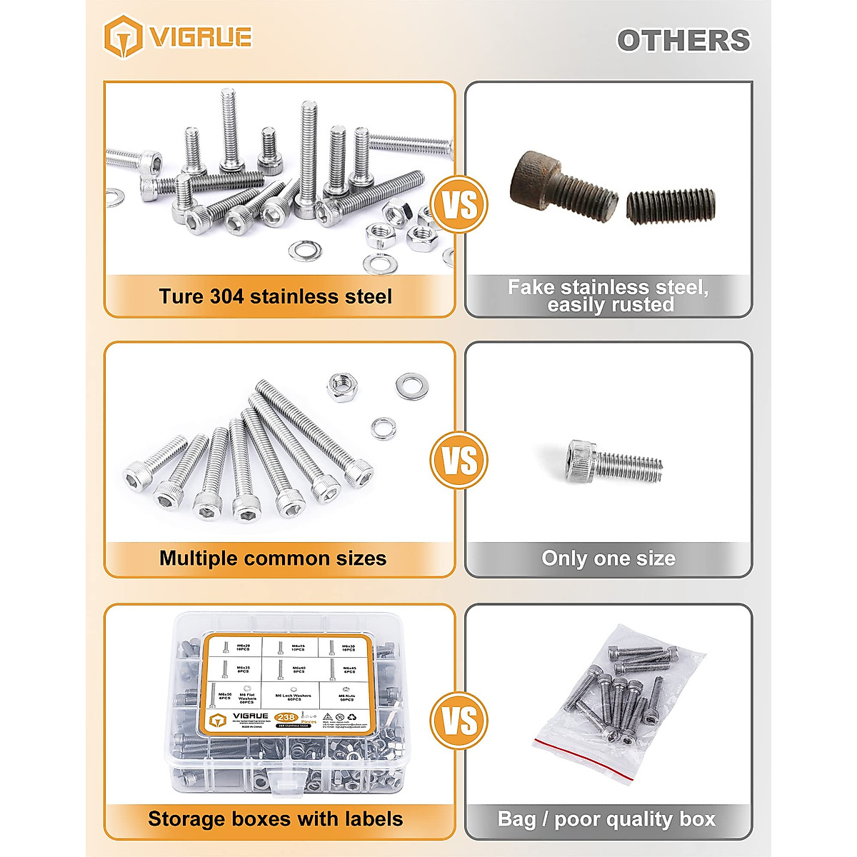 VIGRUE 238PCS M6-1.0 x 20/25/30/35/40/45/50mm Hex Socket Head Cap Screws, Stainless Steel 304 Allen Head Bolts Nuts Kit, Full UNC Thread
