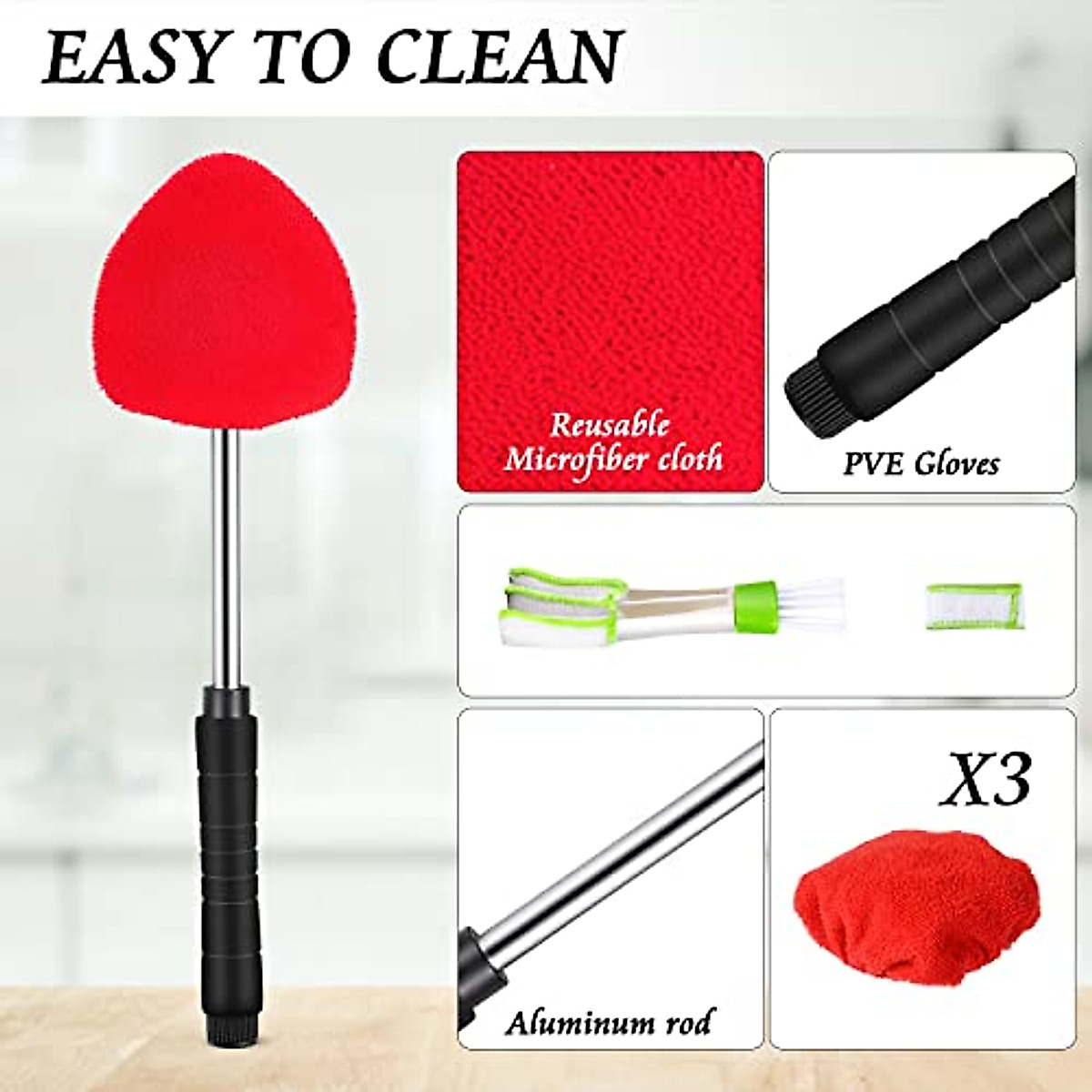 Almcmy Windshield Cleaner Tool, Microfiber Car Window Cleaner with 3 Reusable Microfiber Pads and 1 Air Vent Cleaner, Extendable Handle Car Window Brush Kit for Interior Exterior Use Car Cleaning, Red