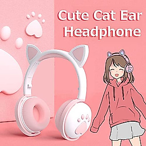 Wisoqu Cute Cat Ear Glowing Wireless Bluetooth Headphone HiFi Sports Folding Headset with Led Light Cat Ear Bluetooth Headphones Over Ear Childrens Foldable Headphones(Milk Powder White)
